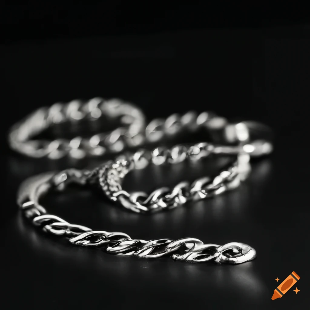 Silver cuban chain and rings on black surface