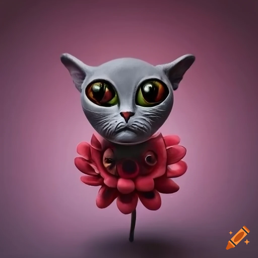 Grey and red alien cat with flower-shaped head