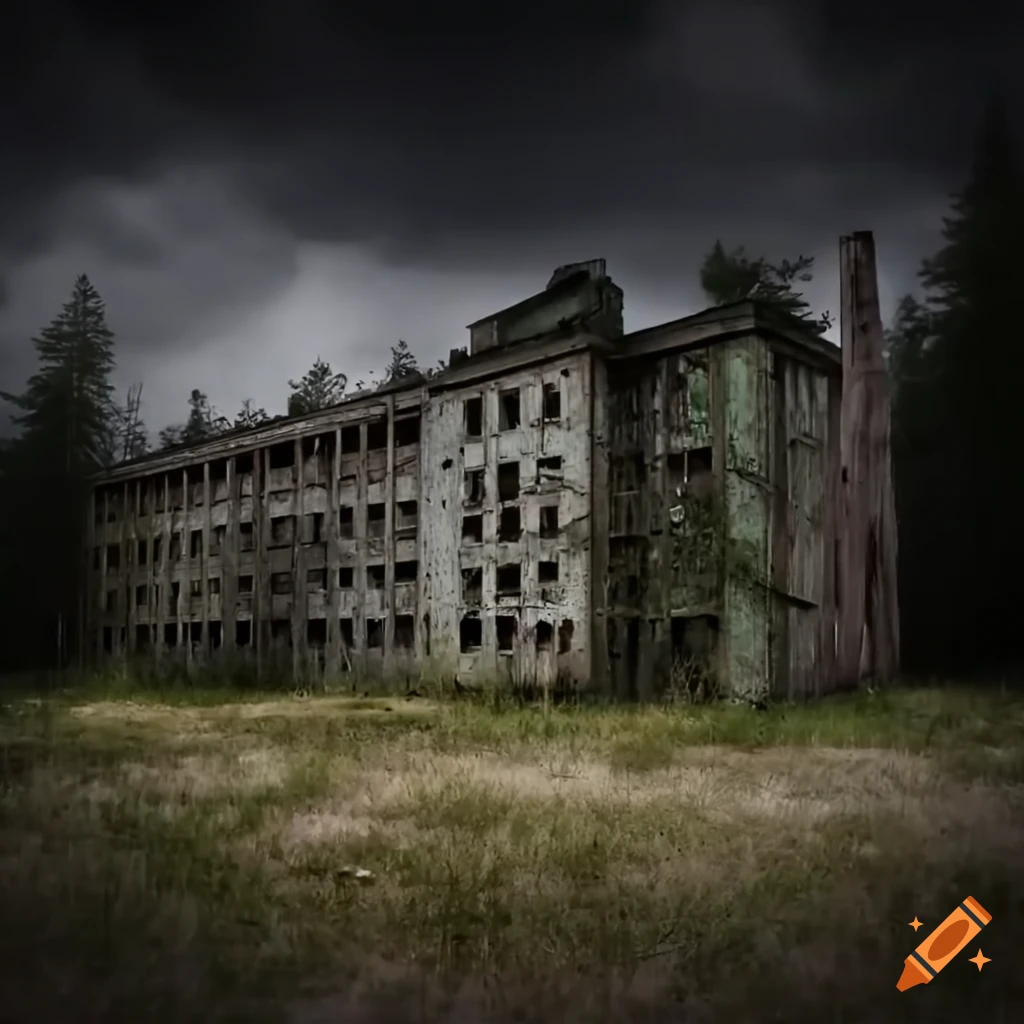 Abandoned hospital in the forest with torn canadian flag on Craiyon