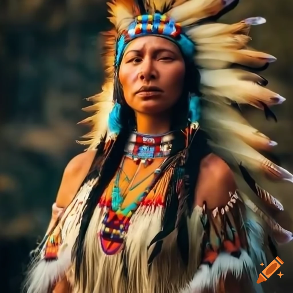 Native american woman with a wolf at a waterfall