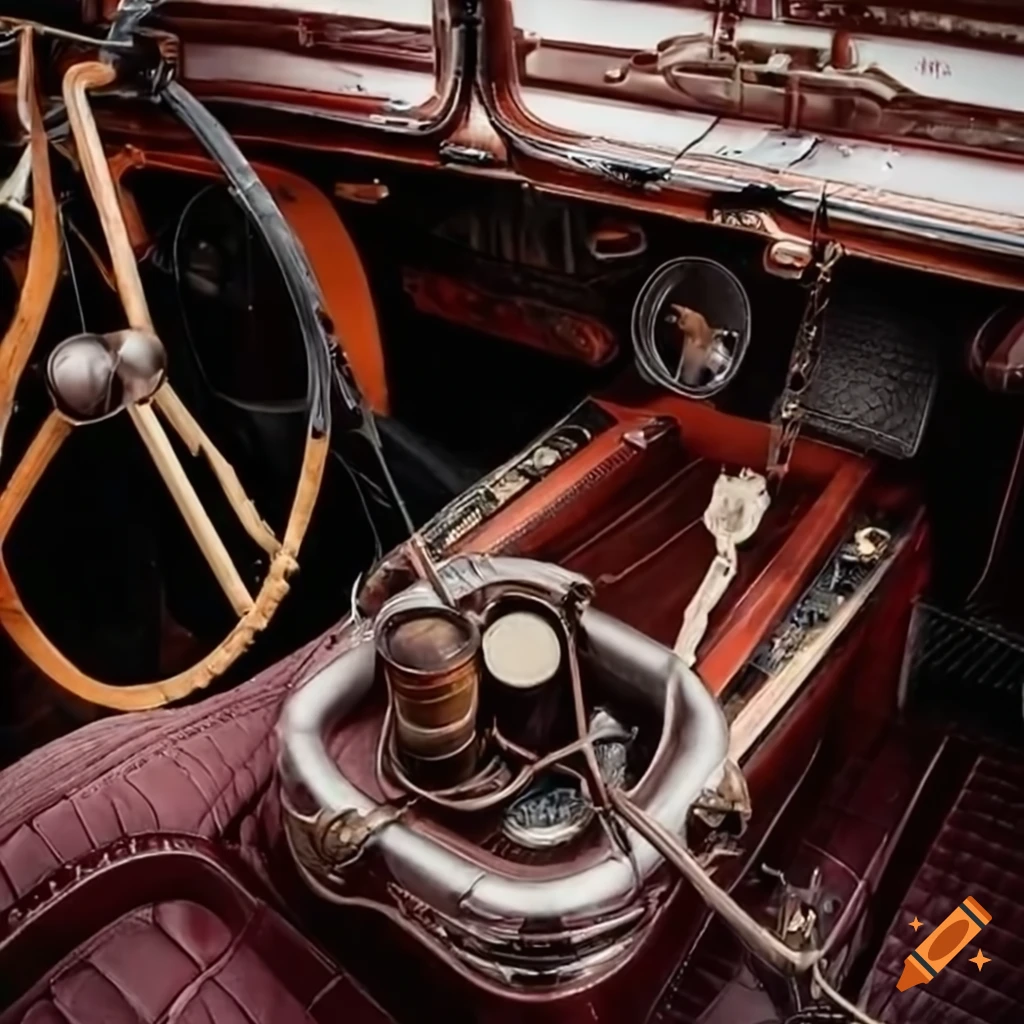 Interior of a steampunk car with unique pedal system