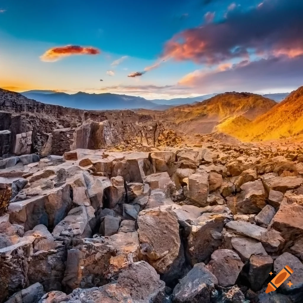Sunset view of a closeup basalt excavation