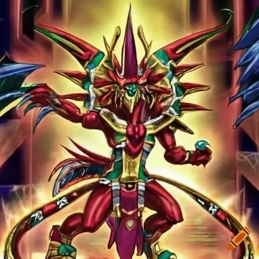 Yugioh card art of aztec jade dragon with red and gold feathers