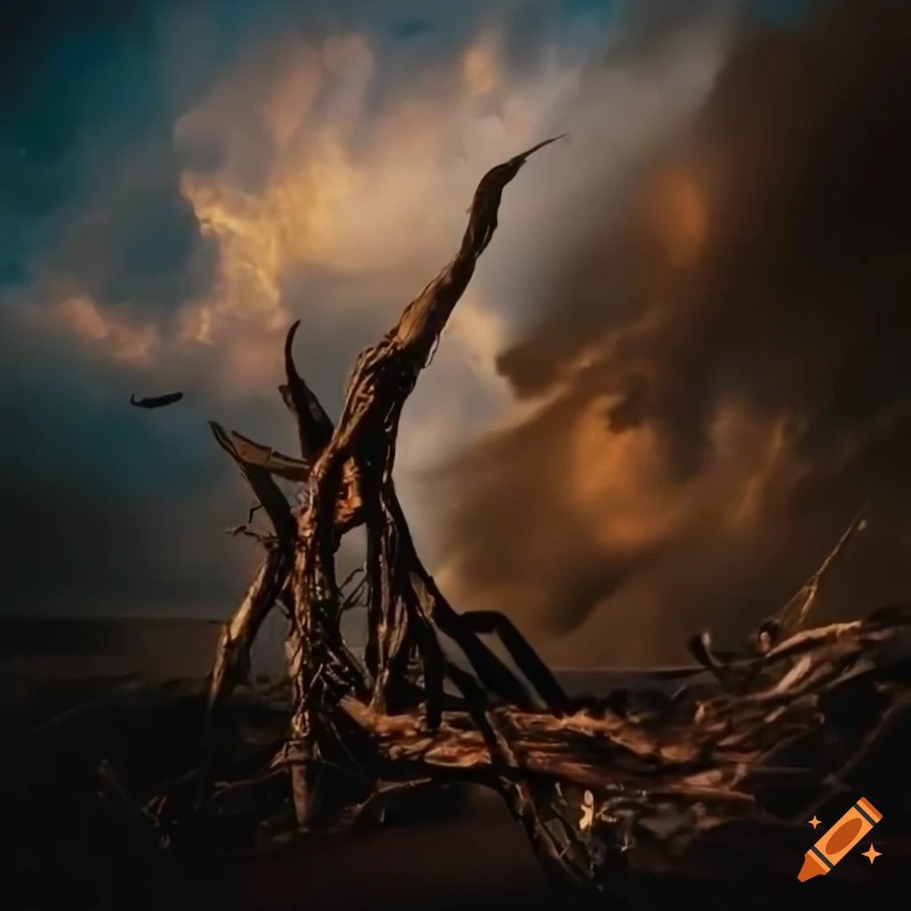 Detailed painting of a distorted figure caught in a web of branches on ...