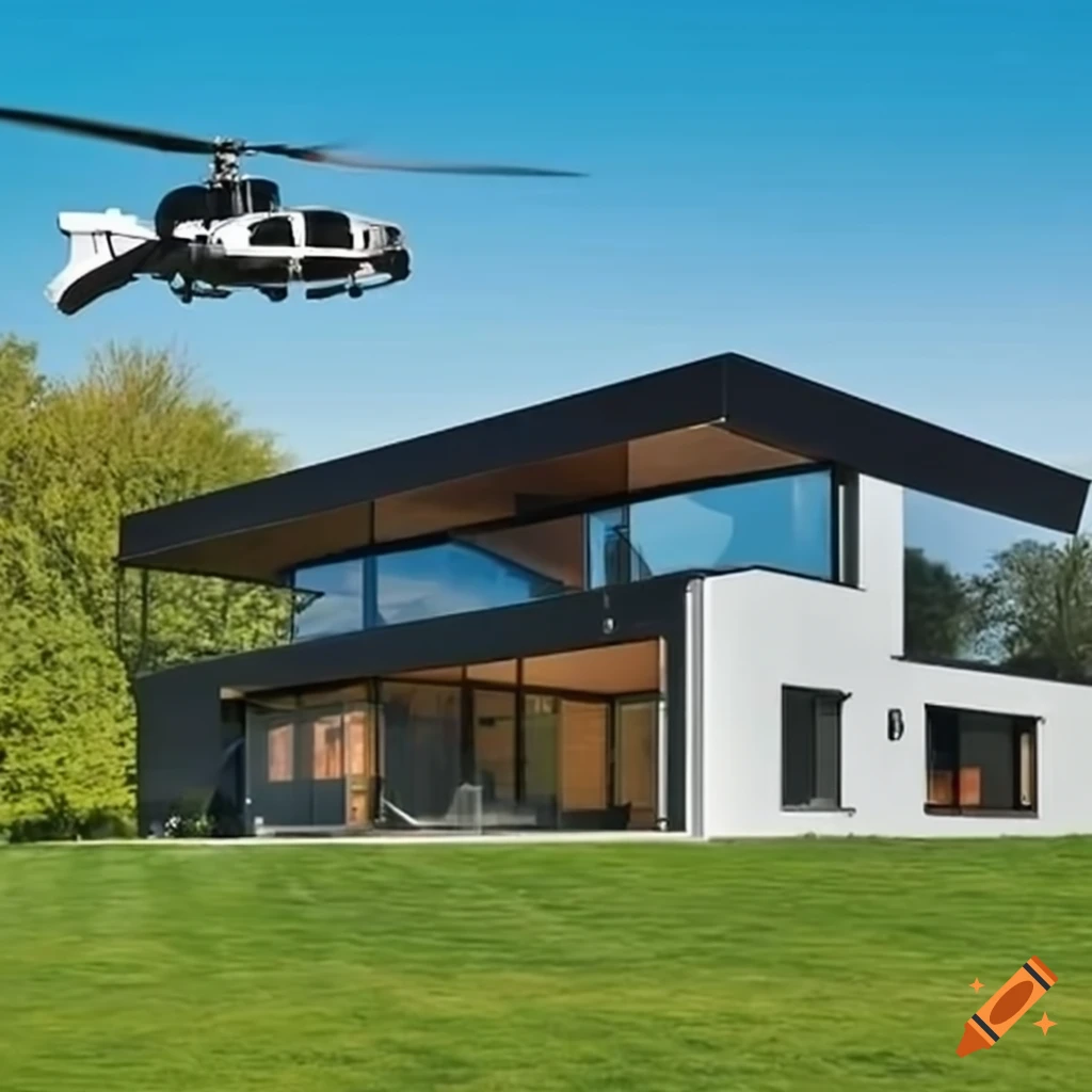 Modern house with a helicopter on Craiyon