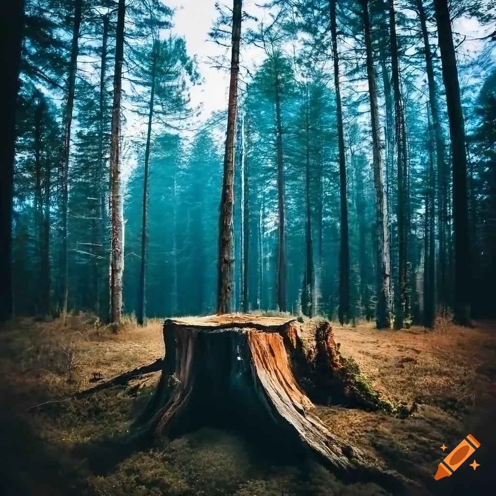 Wide shot of a big tree stump in a pine forest on Craiyon
