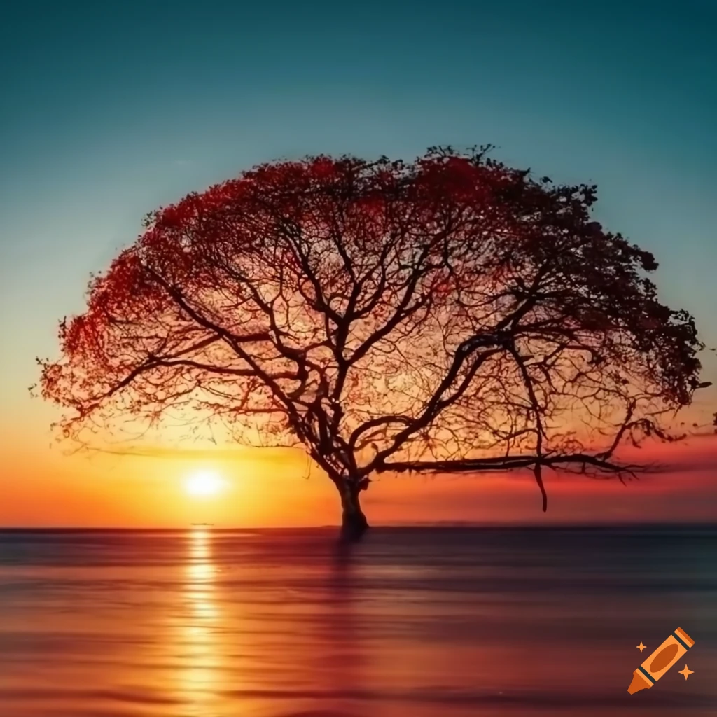 Sunset silhouette of a tree by the ocean
