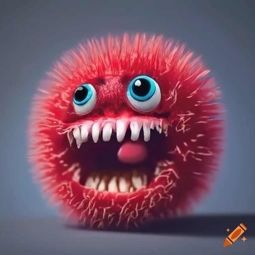 Character illustration of a red fuzz ball with an intense expression on ...