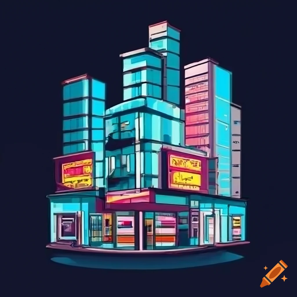 Cityscape of electronics shop in metropolis