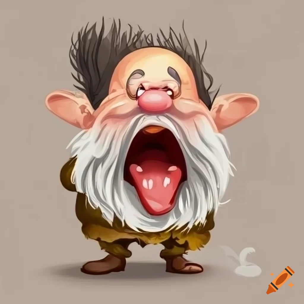 Cartoon dwarf screaming with wild hair on Craiyon