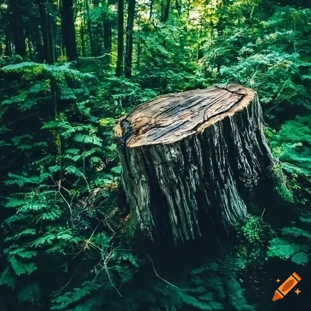 View of a weathered tree stump in a lush forest