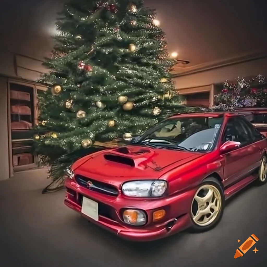 Subaru Wrx 1999 parked under a Christmas tree on Craiyon
