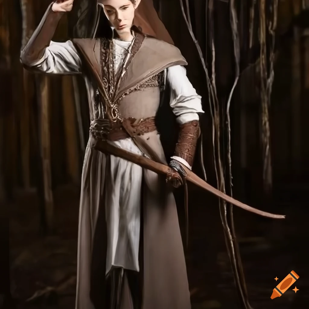 Illustration of a male tolkien elf in winter outfit on Craiyon