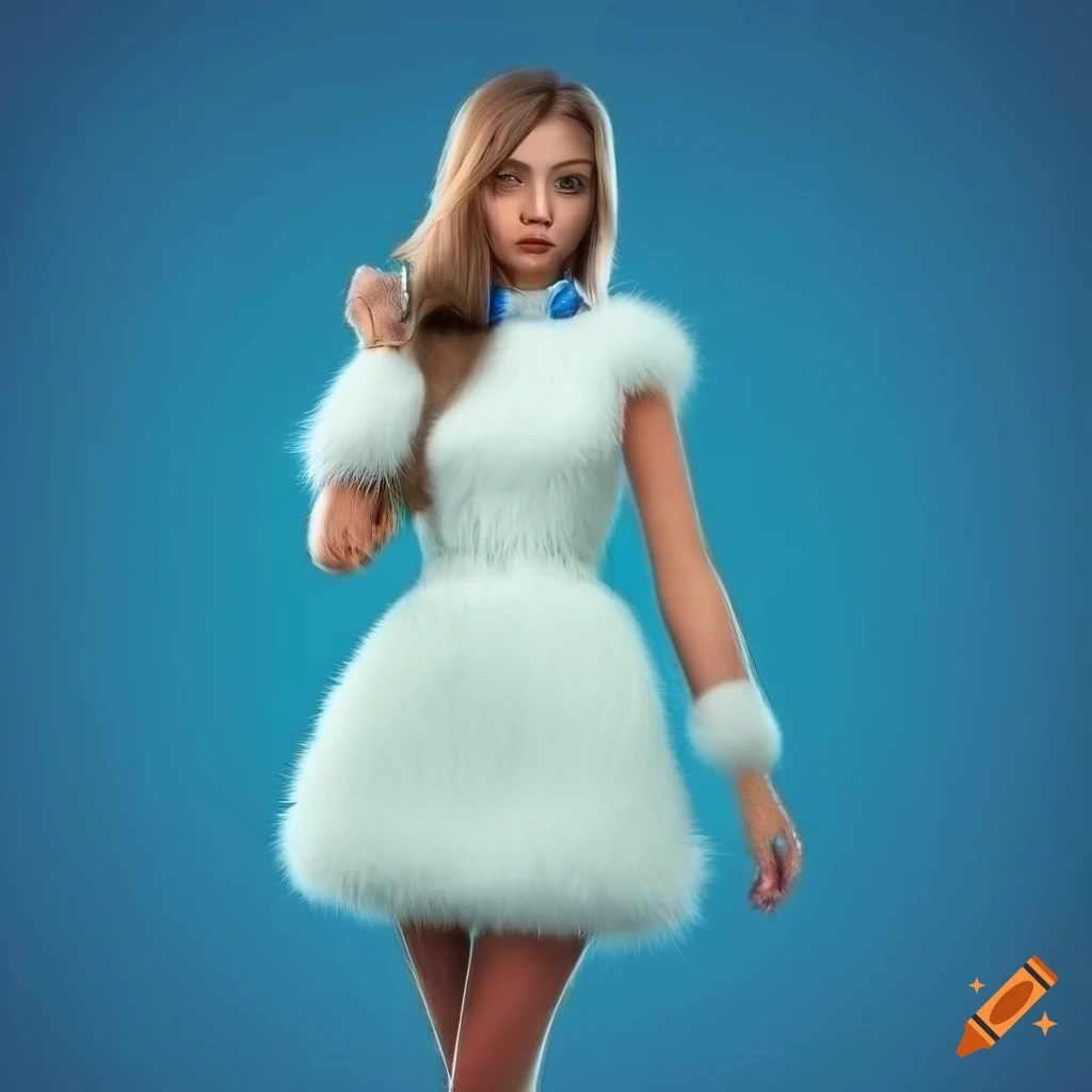 Woman wearing a fluffy fur dress with tight collar