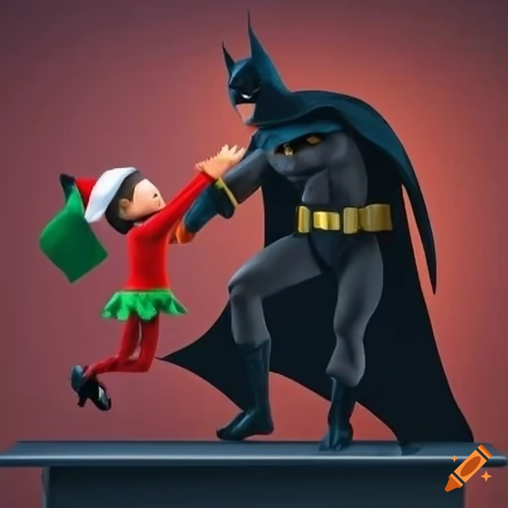 Batman with american flag cape fighting an elf and eagle