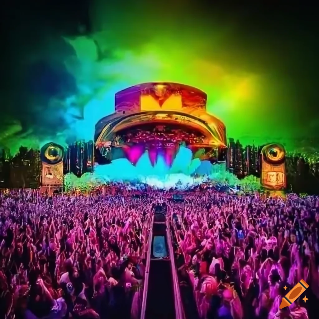 Music festival crowd and lights on Craiyon