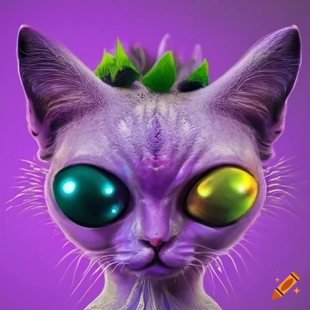 Violet and black alien cat with sunflower-shaped head