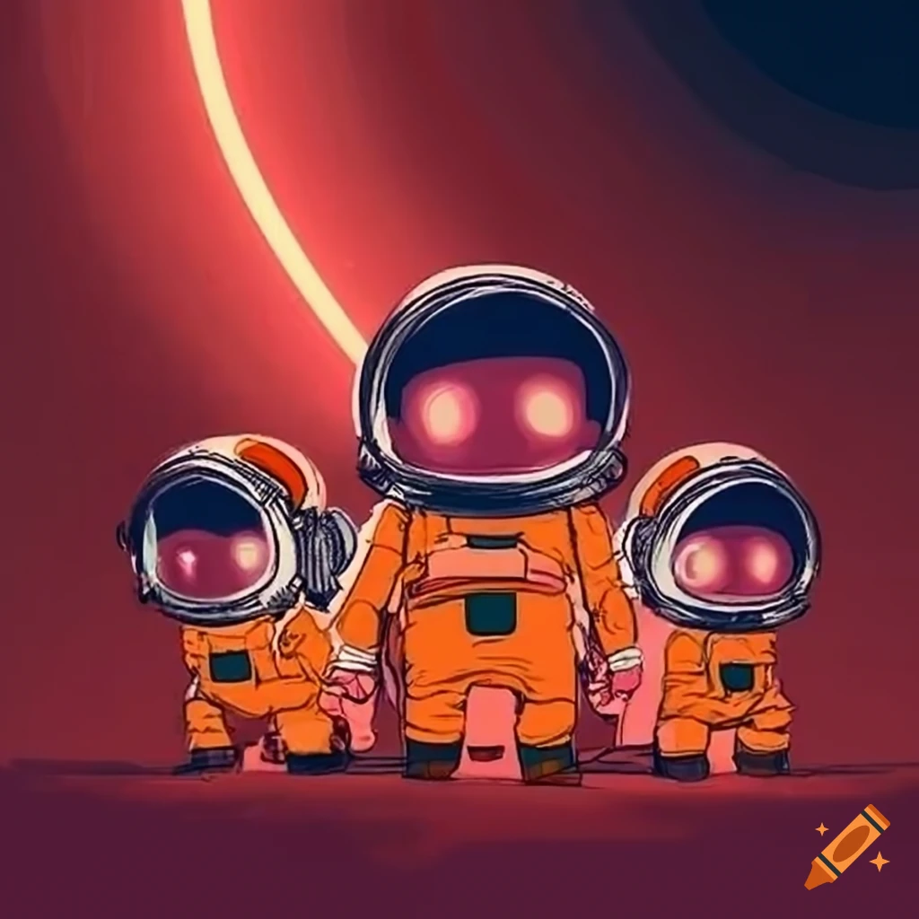 Cartoon-style image of three astronauts on a moon with a red sky on Craiyon