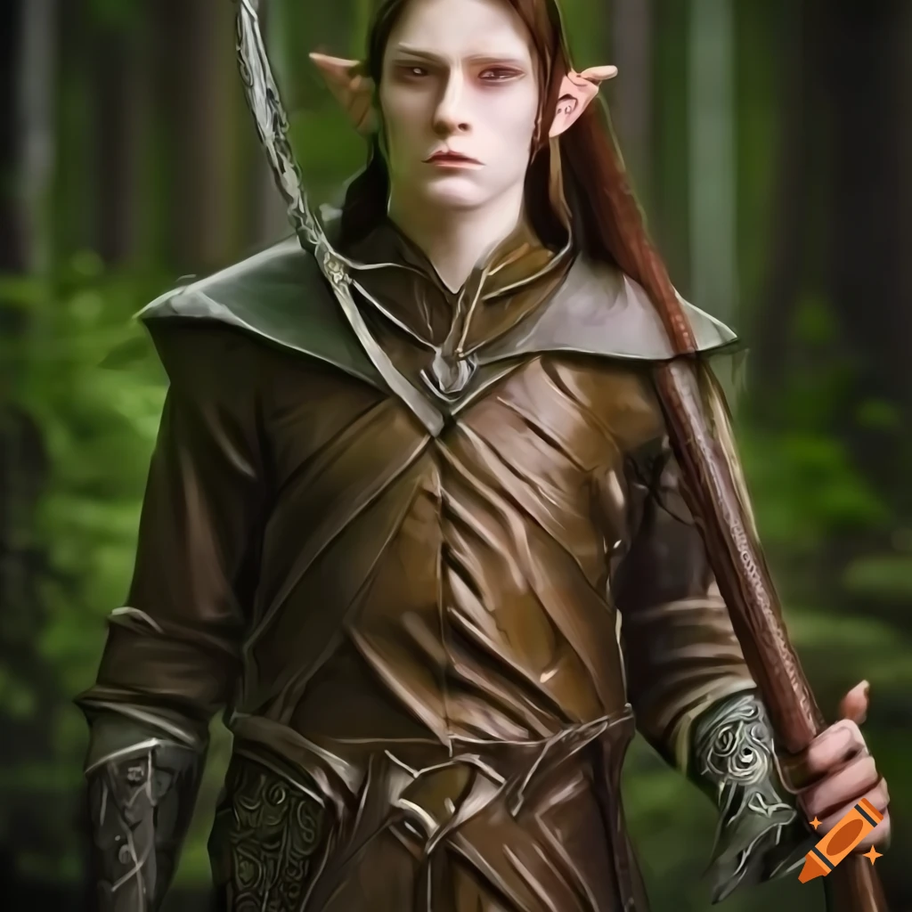 Full body model sheet of a male tolkien elf in a hunter outfit on Craiyon