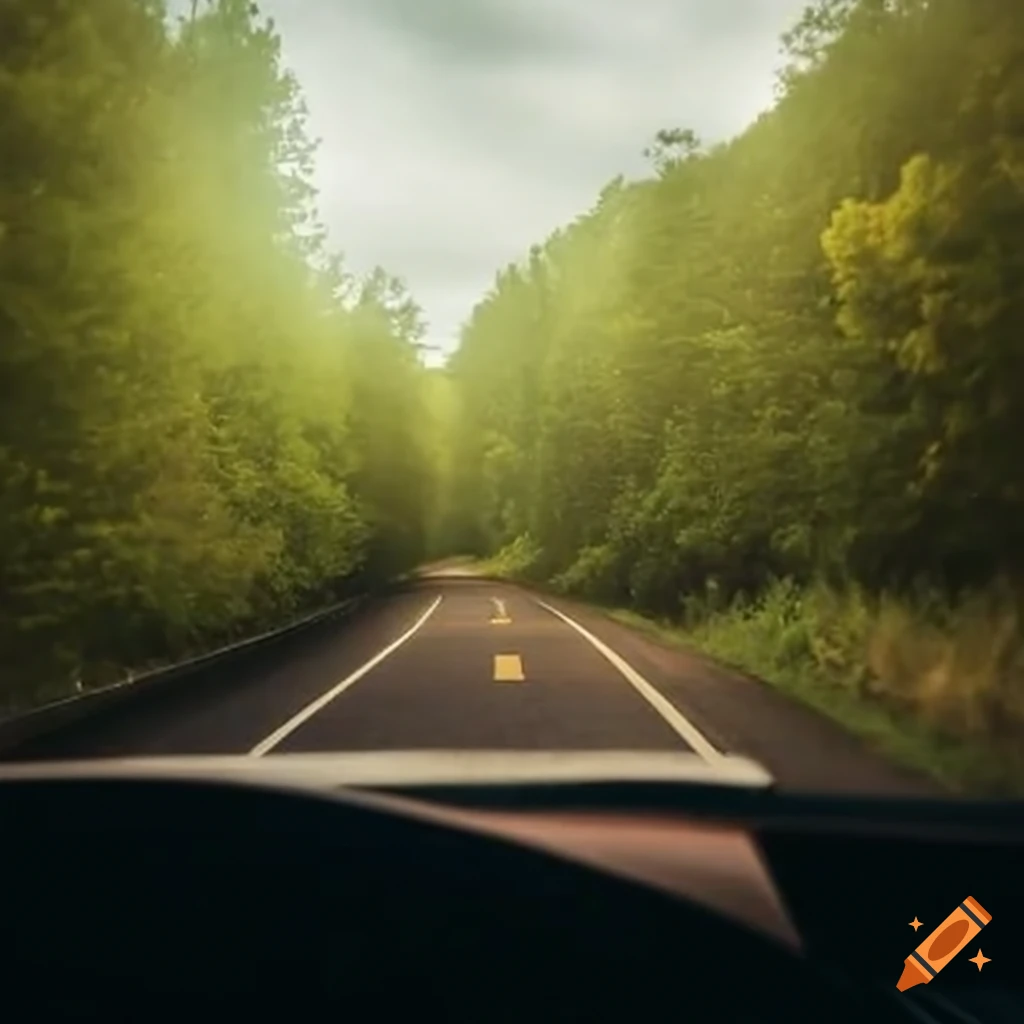 View of a summer road through a car windshield on Craiyon