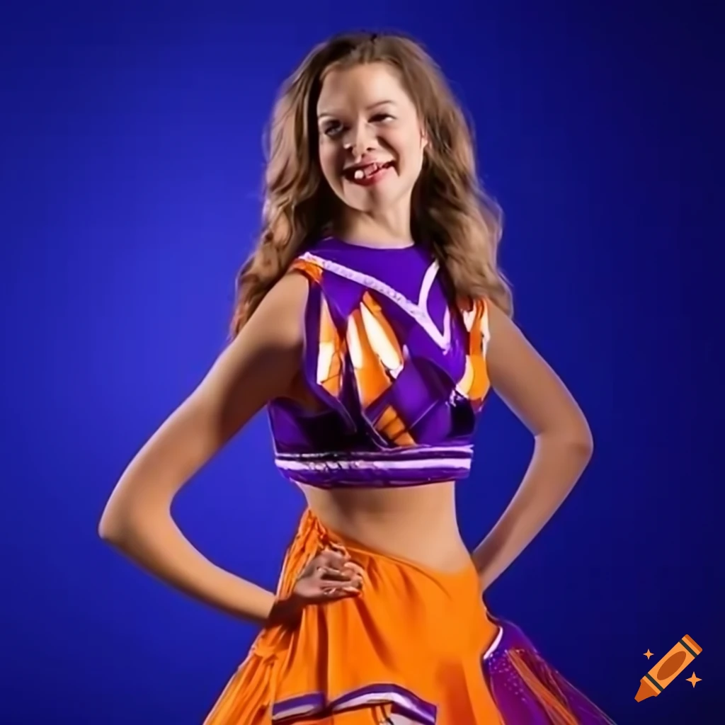 Young woman in orange and purple cheerleader outfit on Craiyon