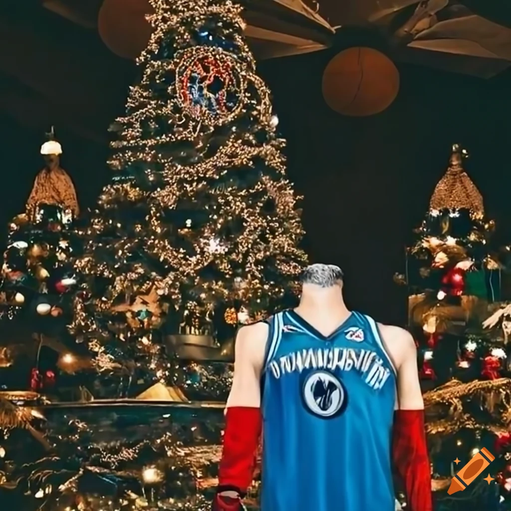 NBA Timberwolves basketball jersey christmas tree in a mall on Craiyon