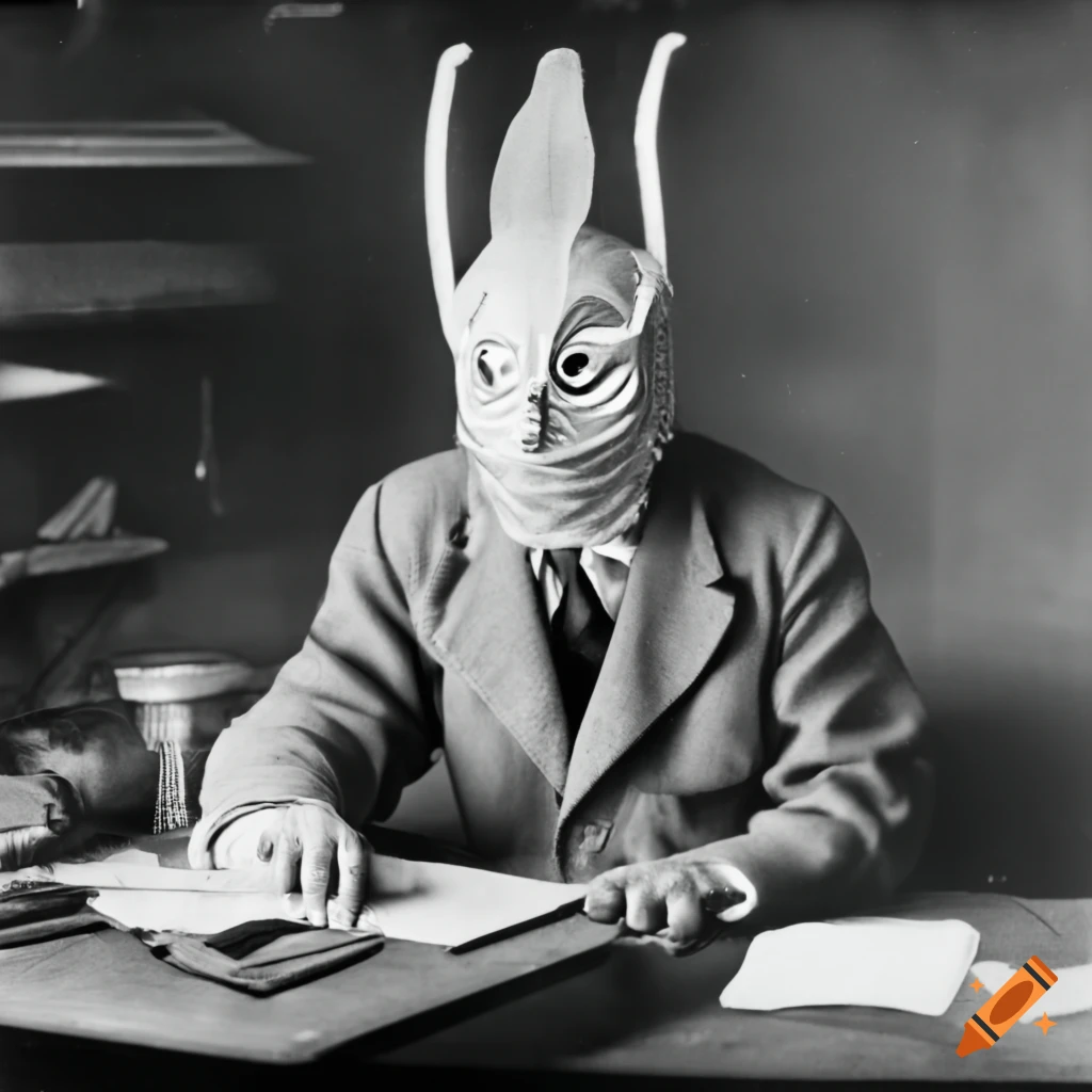 Vintage photo of an old man wearing an insect mask on Craiyon