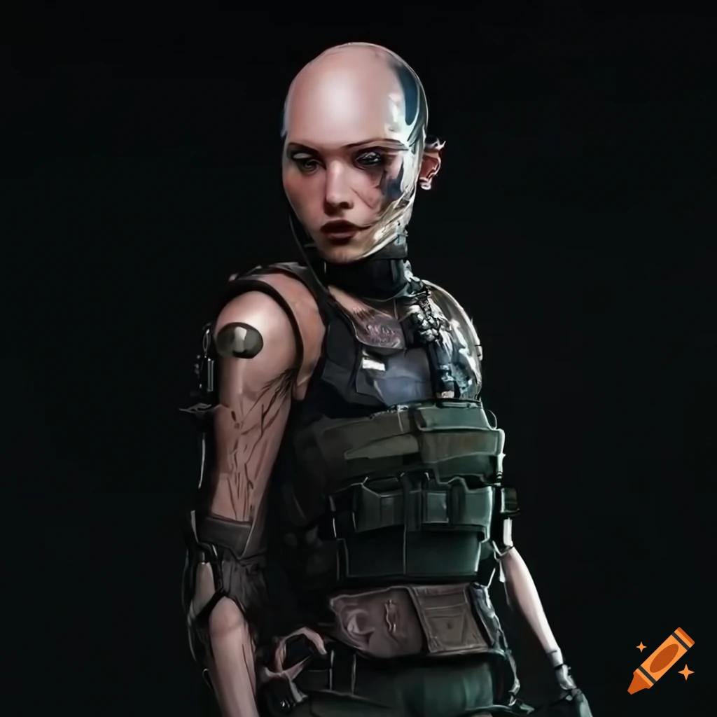 Portrait of a cyberpunk woman with a bald head and cybernetic ...