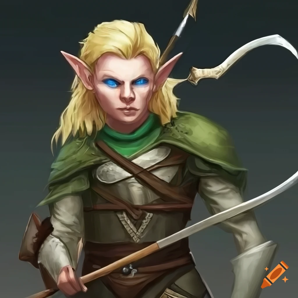 Artwork of an elf ranger with weapons
