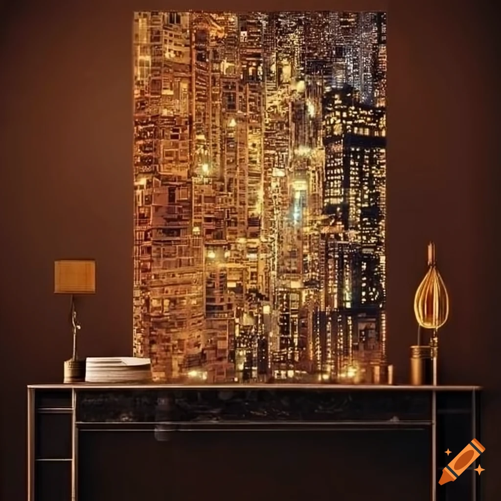 Copper and gold cityscape wall art on Craiyon
