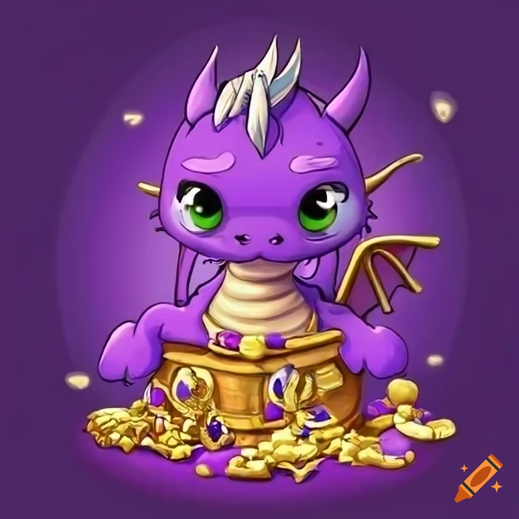Cute cartoon dragon surrounded by treasure