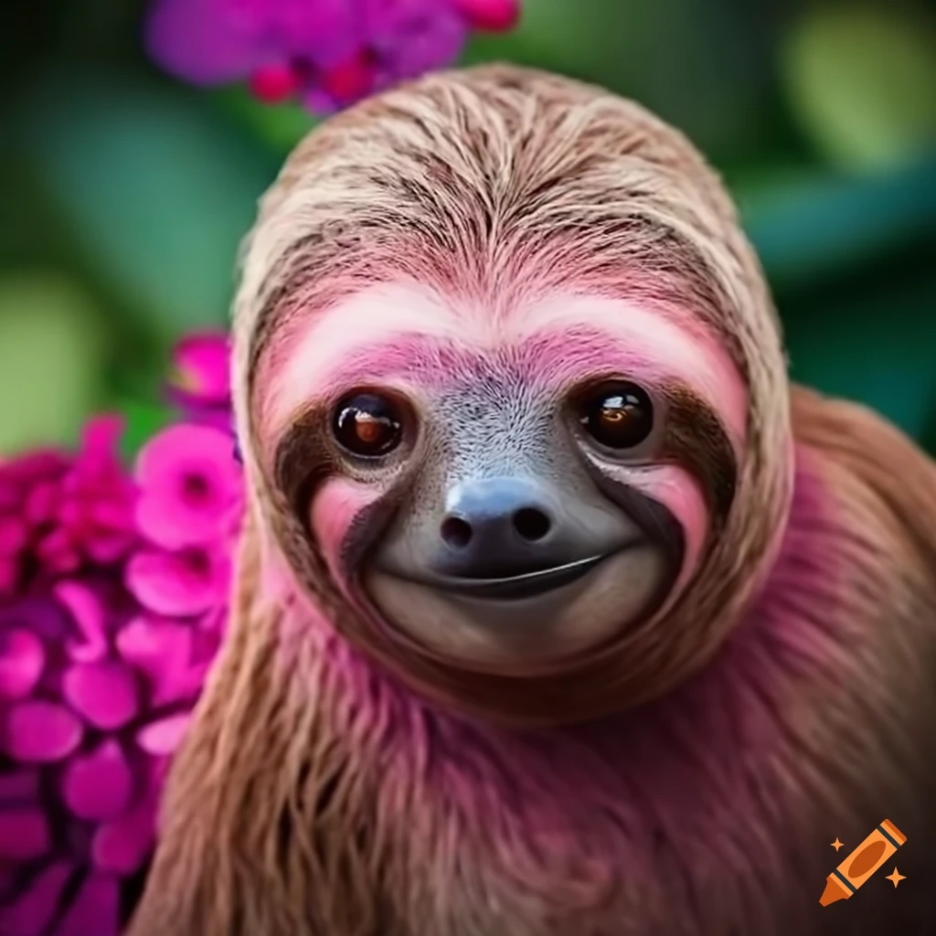 Colorful sloth surrounded by flowers