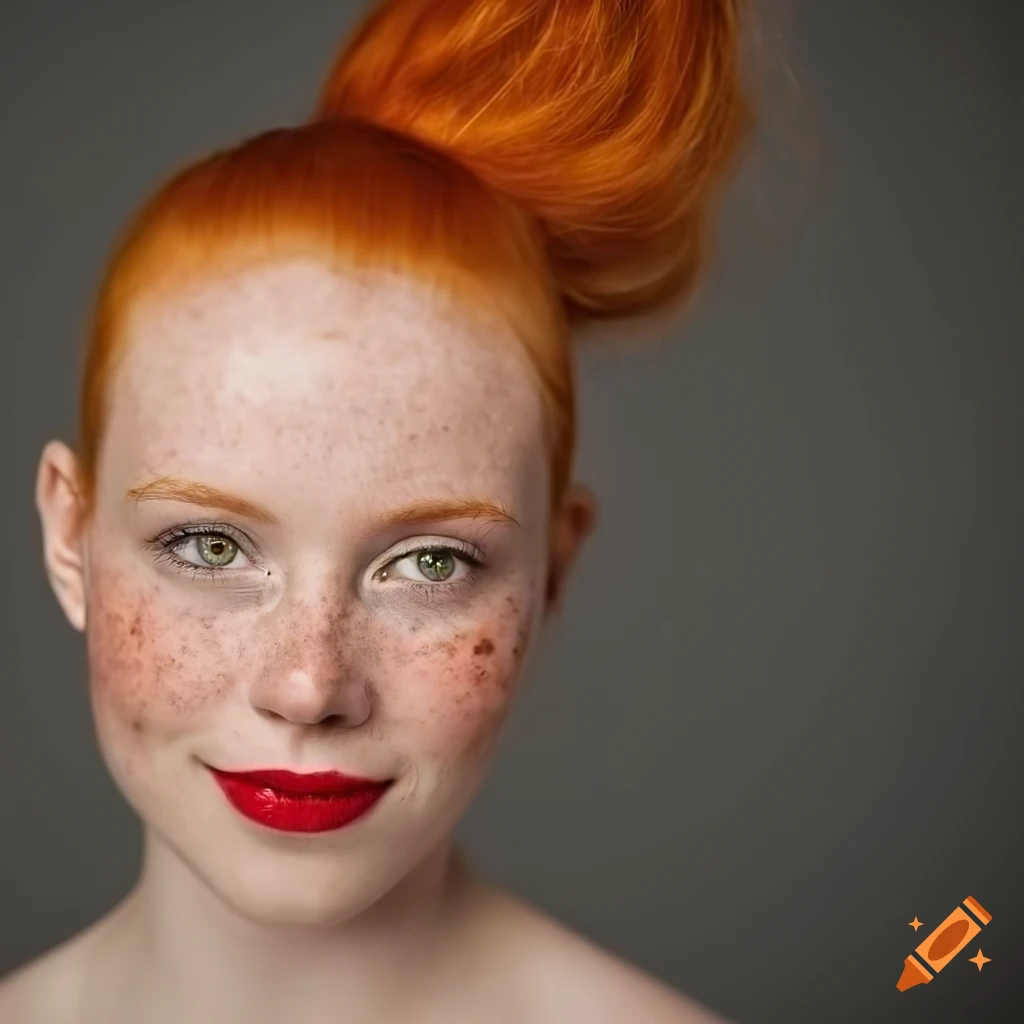 Portrait of a freckled woman with red hair and a bold lipstick on Craiyon