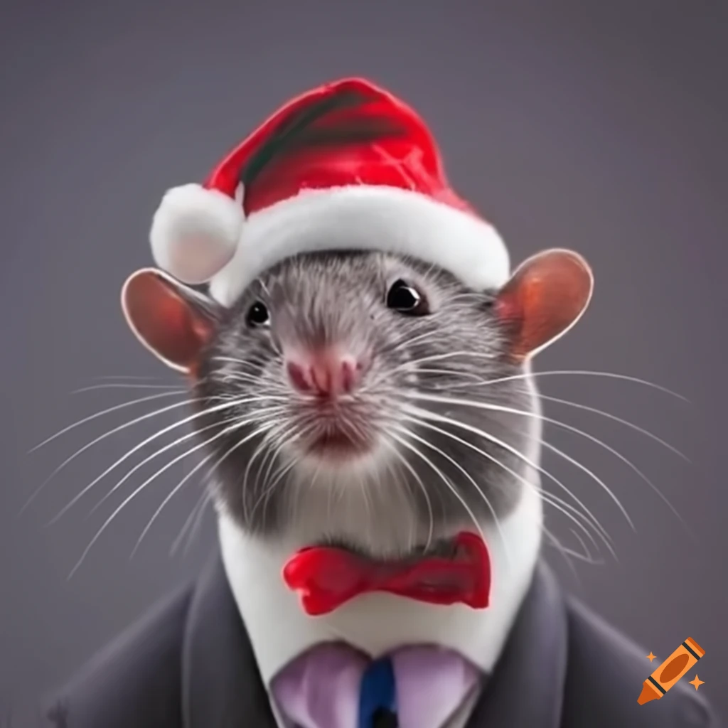Festive rat wearing a suit and santa hat