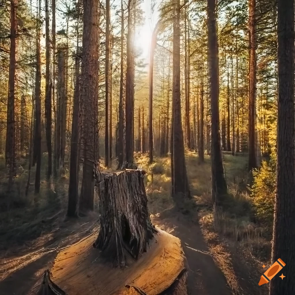 Sunset view of a distant tree stump in a pine forest on Craiyon