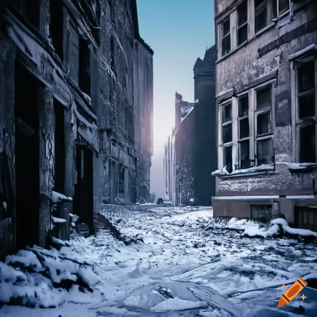 Sunlit snow-covered street with ruined gate