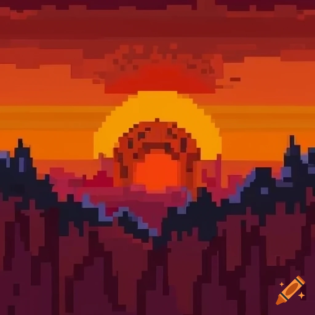 Pixel art depiction of a sunrise in a video game on Craiyon