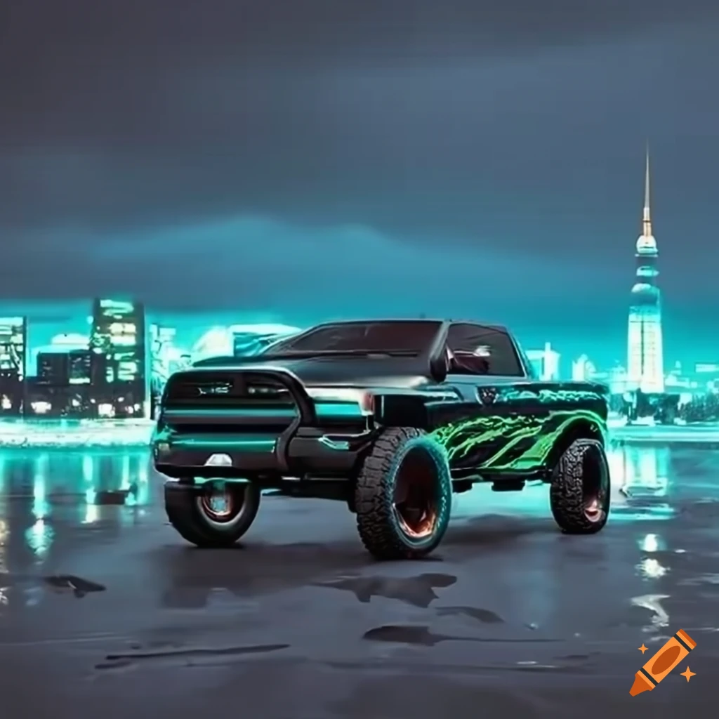 Black Dodge RAM with neon lights in postapocalyptic city on Craiyon