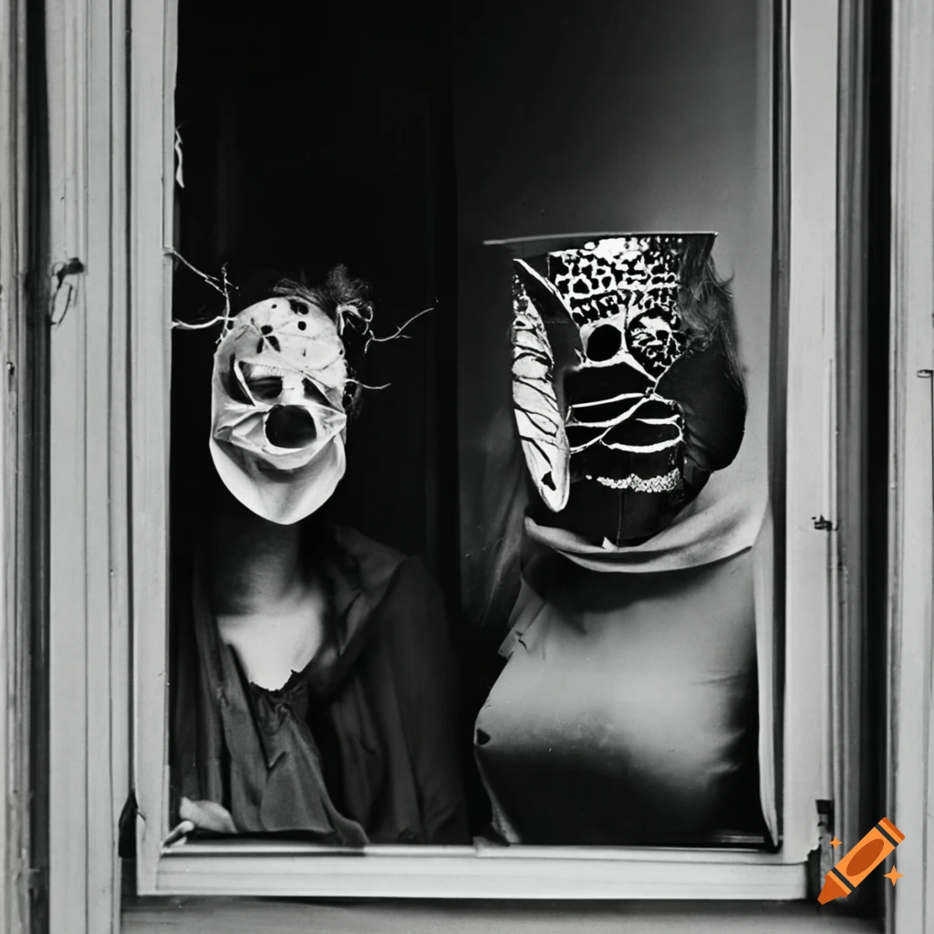 Vintage-style photograph of people wearing insect masks at a window
