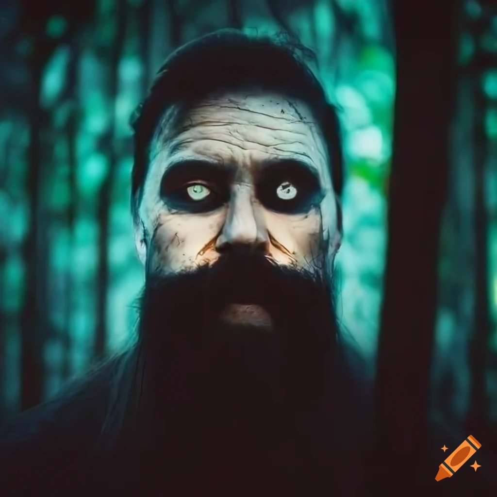 Sinister silhouette with glowing eyes in the forest on Craiyon