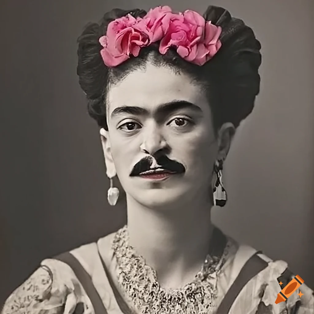 Portrait of frida kahlo with a prominent mustache