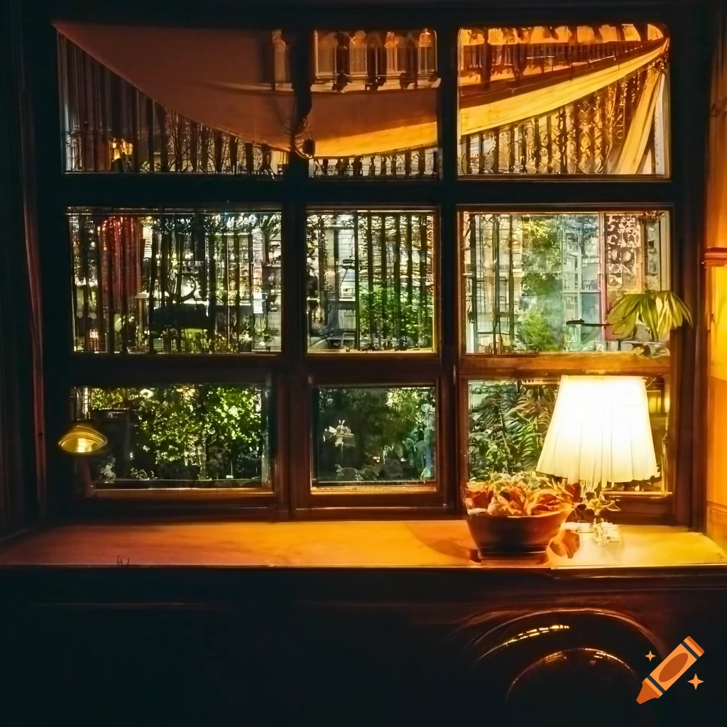 View of night cityscape through a wide open victorian window on Craiyon