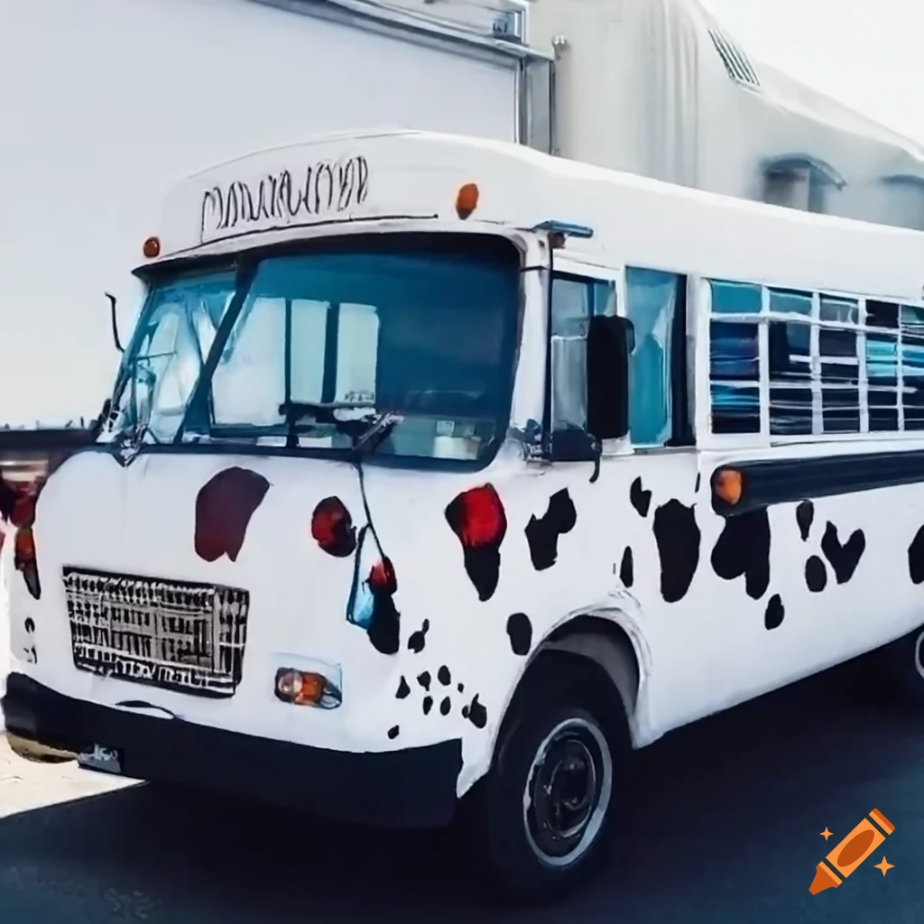 White school bus with cow print design on Craiyon
