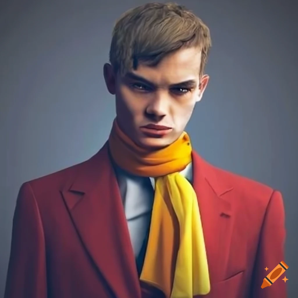 Man wearing red suit and yellow scarf on Craiyon