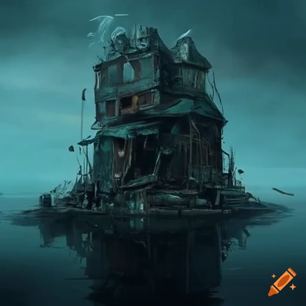 Post-apocalyptic artwork of a floating sea shanty