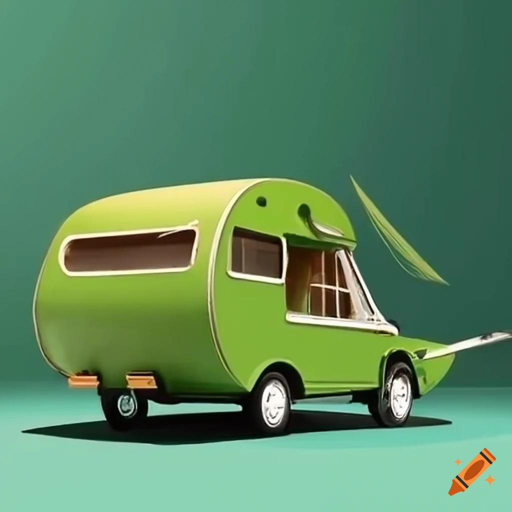 Friendly man towing a small green retro caravan on Craiyon