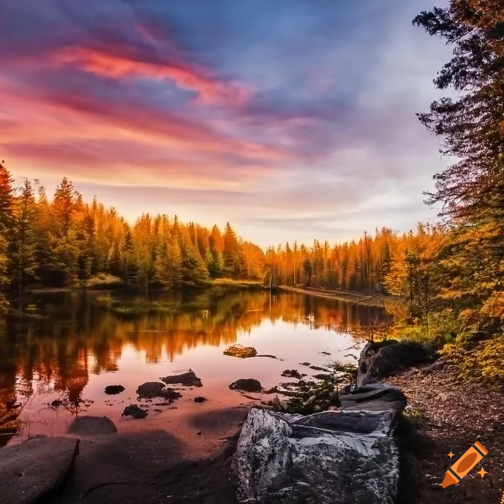 Dramatic autumn sunset in a canadian forest on Craiyon
