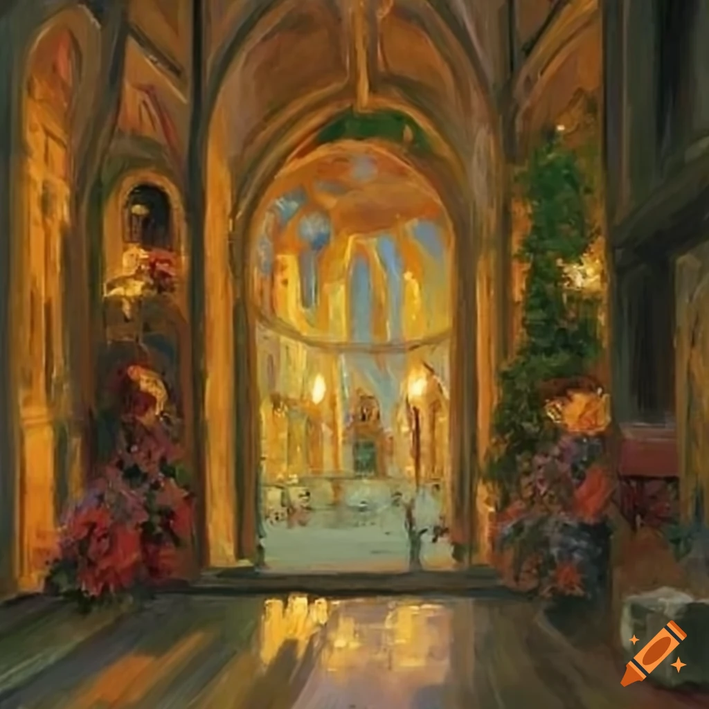Painting of a Christmas cathedral with ivy-covered lattice windows on ...
