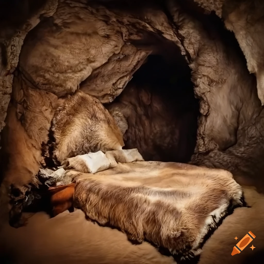 Closeup of shieldmaiden's bed in a cave with wolf pelt floor