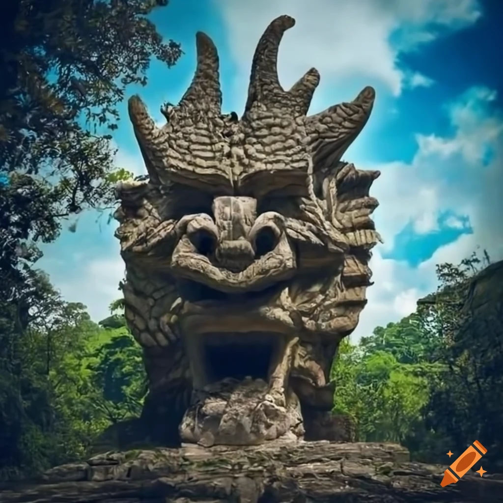 Gigantic stone dragon head in a jungle on Craiyon